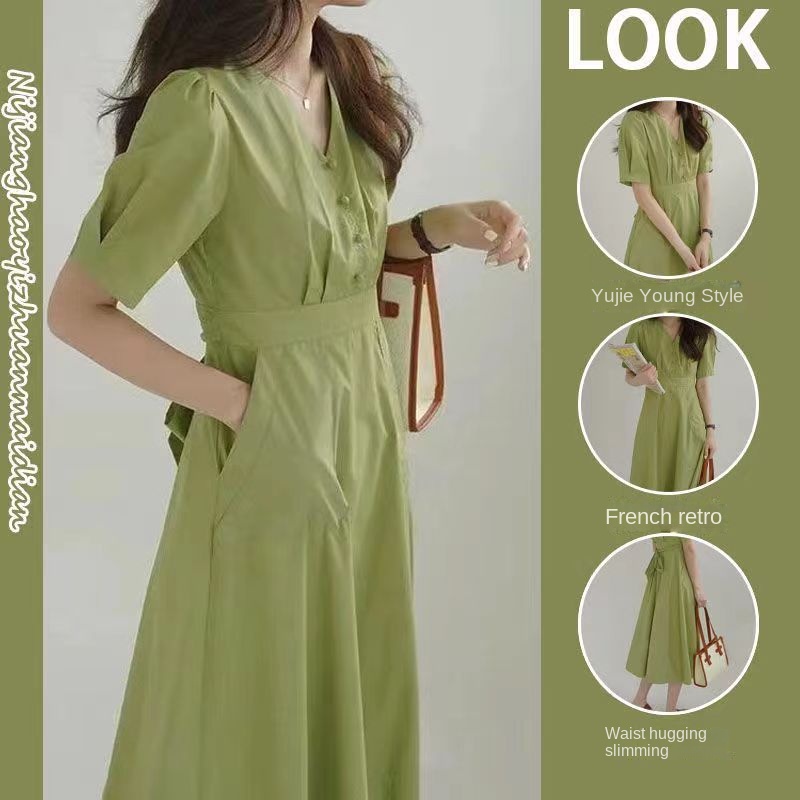 Avocado Green Dress Female Vintage French White Summer Sweet Narrow ...