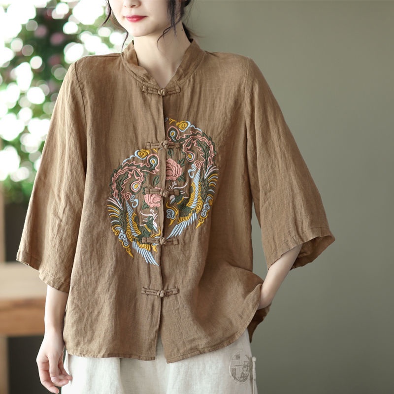 Embroidered Cotton Linen Tops Women's Stand Collar Loose Plus Size ...
