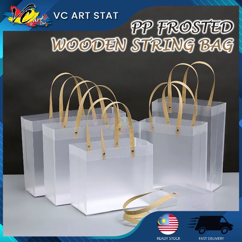 VC Art PP Frosted Wooden String Handle Plastic Goodies Tote PVC Bag ...