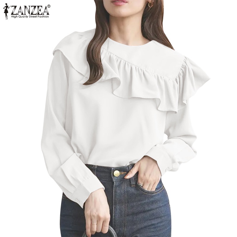 Zanzea Women Korean Long Sleeve O Neck Ruffles Cocktail Party Tunic