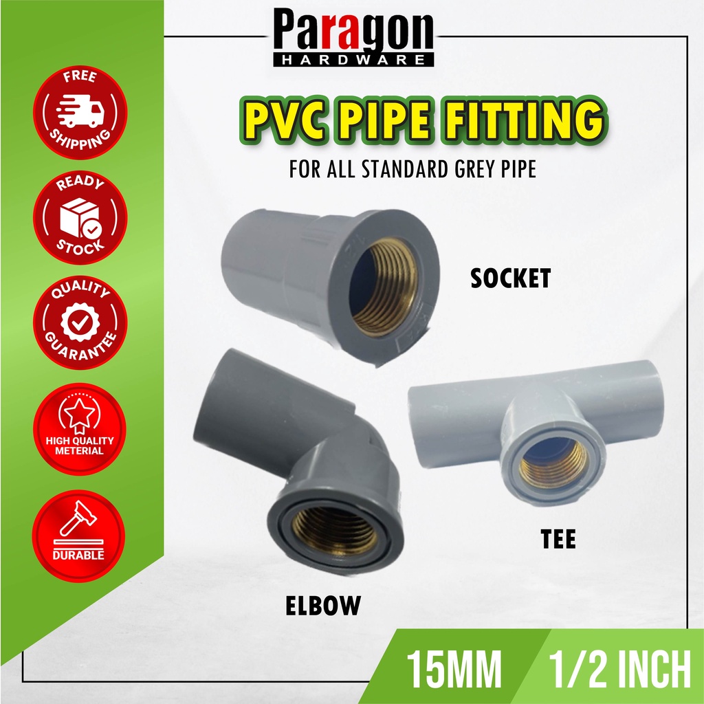 PVC Pipe Fitting Paip PVC Connector Socket/Tee /Elbow15MM (1/2'') c/w COPPER THREAD Paip ...
