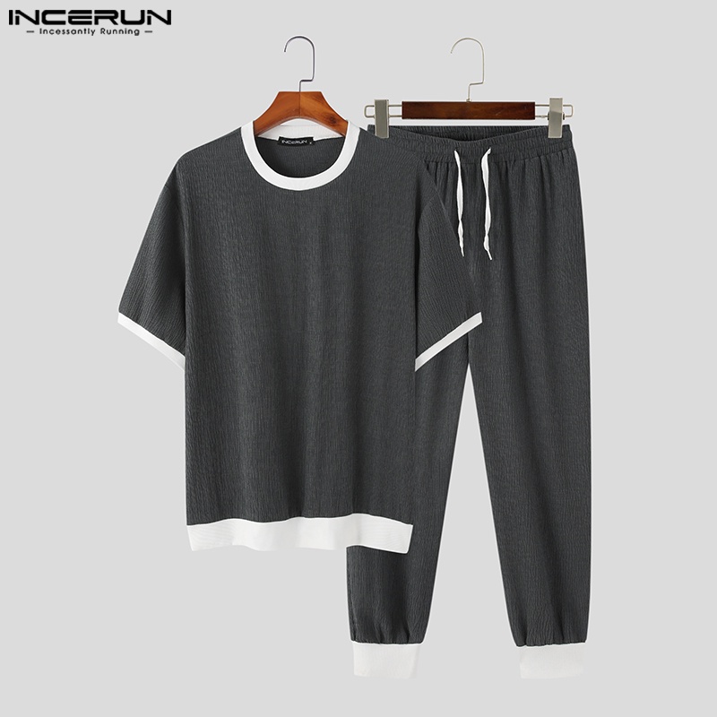 INCERUN Short sleeve T-shirt+trousers suit Men's simple contrast pleat ...