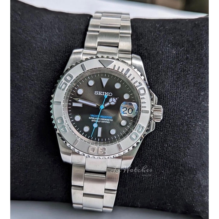 Seiko Mod Yacht Master grey silver stainless steel watch rubber band ...