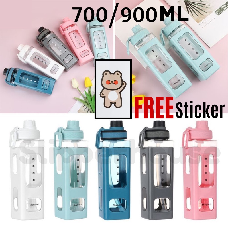 FREE STICKER 700 900ML Square Water Bottle INS KOREAN Water Cup Straw ...