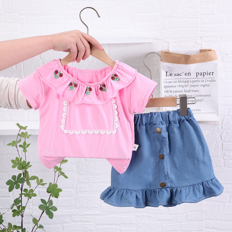 Summer New Girls Clothes Sets Baby Lace T-Shirt + Denim Skirt 2Pcs ...