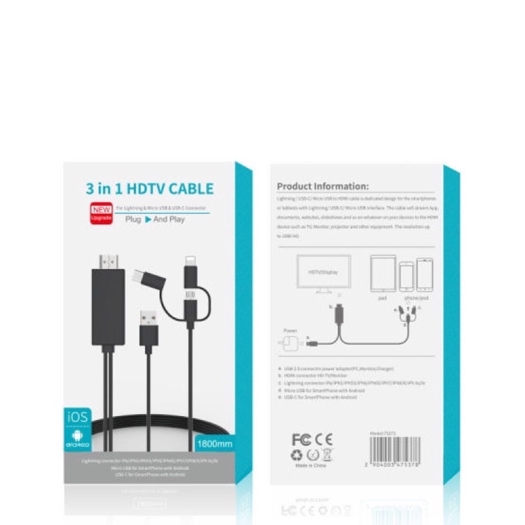 3IN1 USB Universal Mirascreen HDMI Same Screen Adapter Cable Phone ...