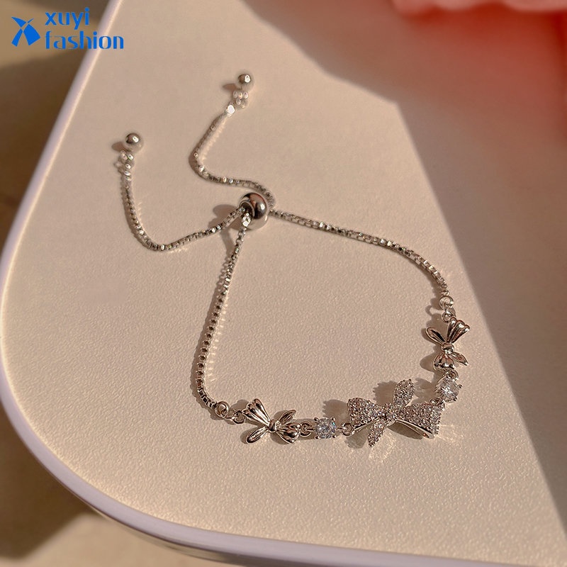 Dodder Simple Bow Crystal Bracelet for Women Silver Pull Chain ...