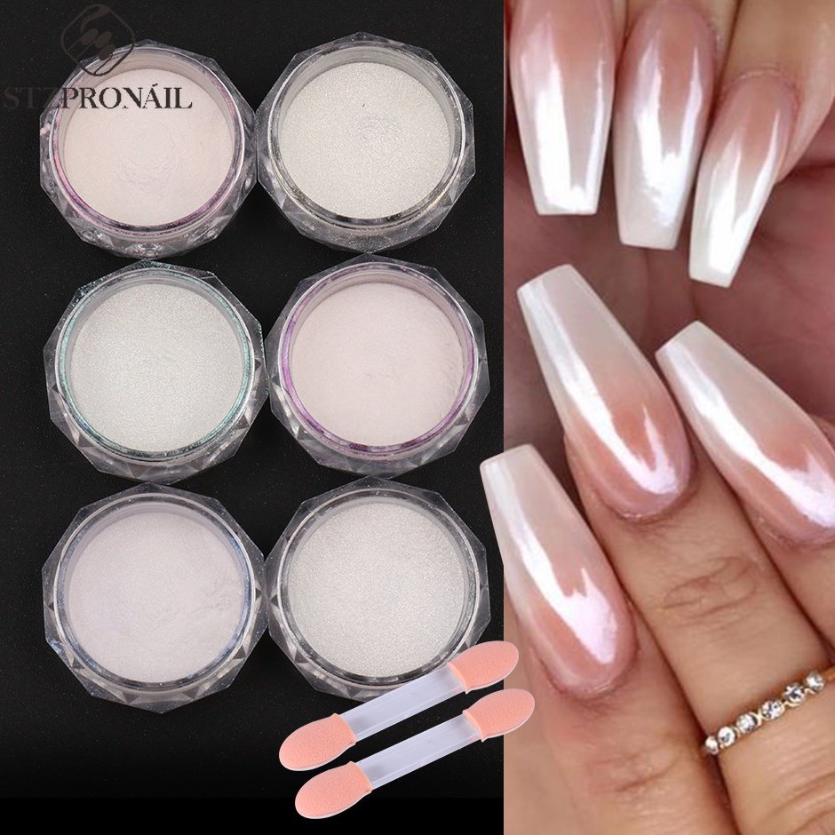 6 Boxes Pearl Powder +2pcs Brush Rub on Nails Mermaid Holographic ...