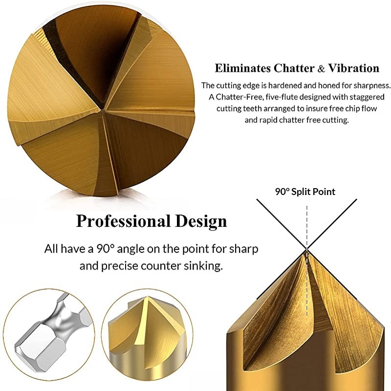 5 Flutes Chamfer Drill Bit Set 6pcs 6-19mm 90 Degrees HSS Chamfering ...