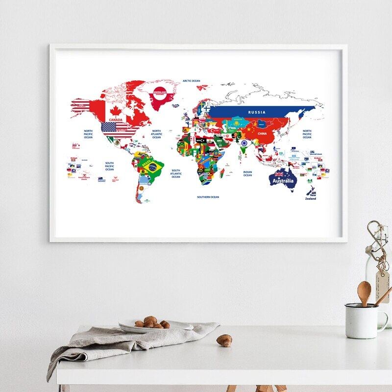 Map of The World Poster Jointed with Countries Flags Canvas Art Prints ...