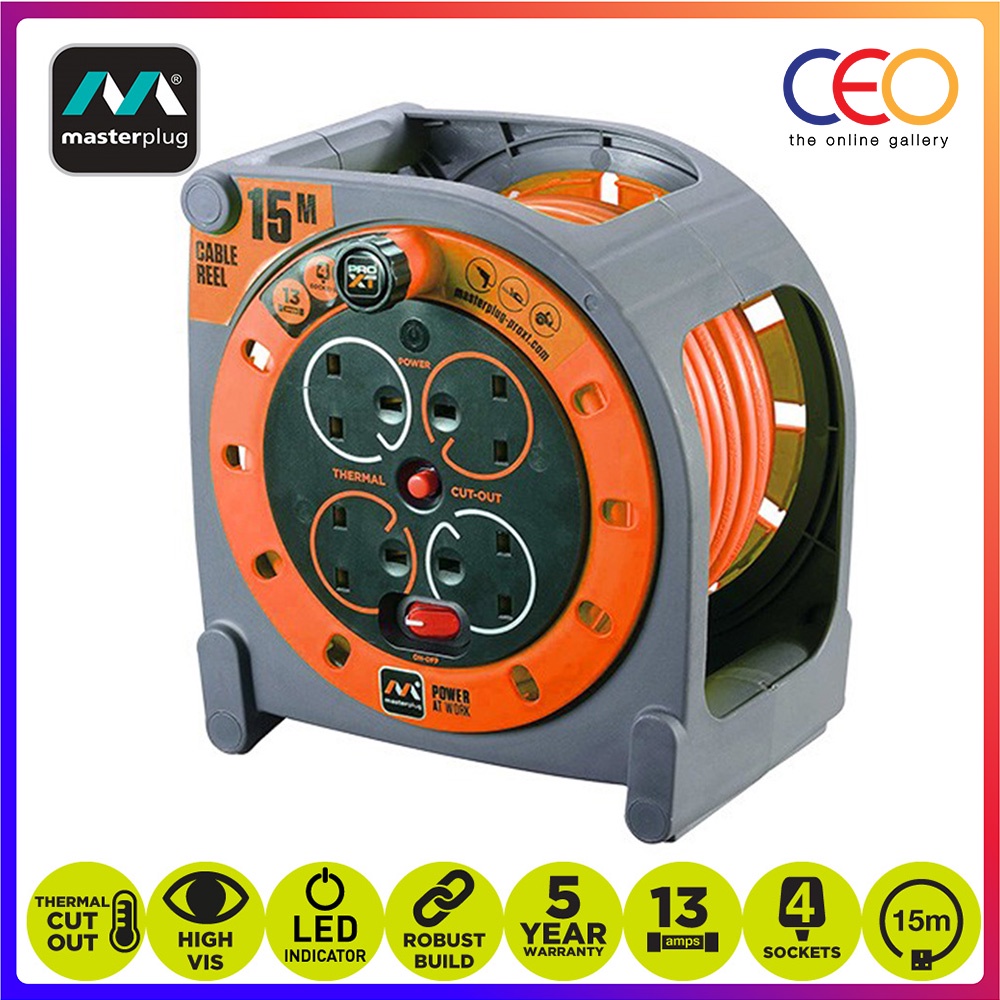 Masterplug Pro-XT 15 Meter 4 Gang Case Reel Portable Extension PVC ...