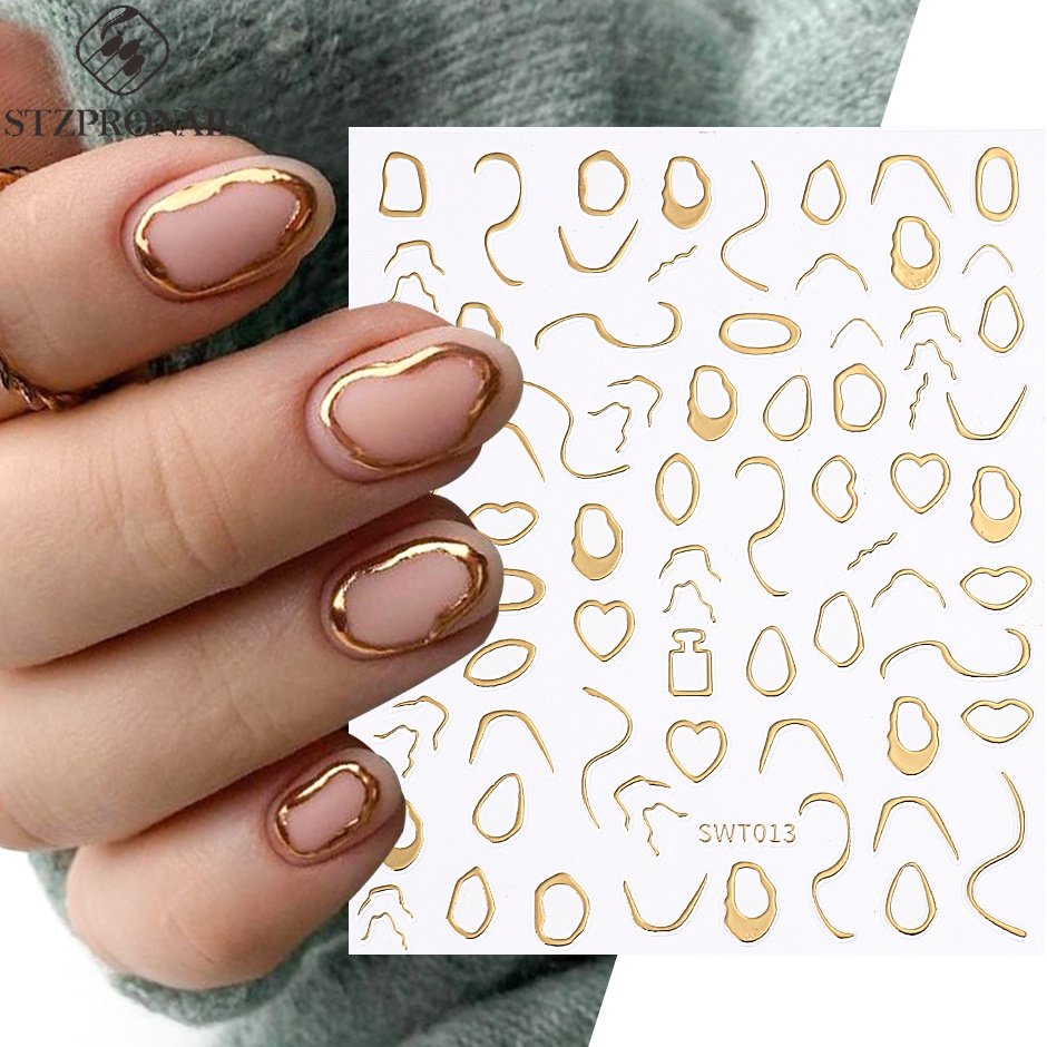 3D Metallic Golden Nail Stickers Frame Geometric Marble Lines Bronzing ...