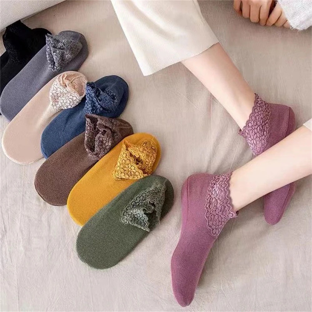 Women Winter Thickened Velvet Sleep Socks Lace Edge No-slip Thermal ...