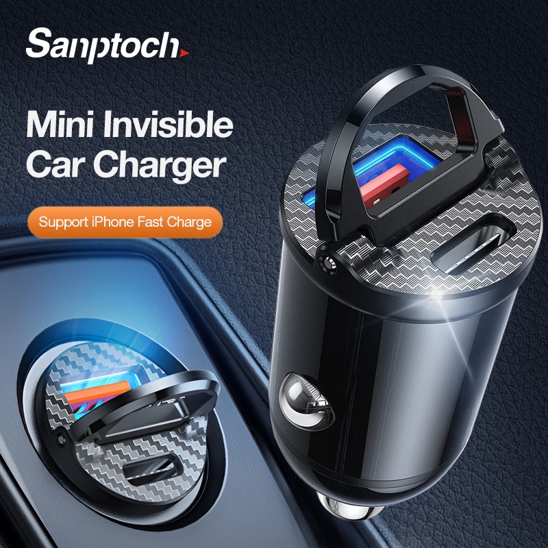 Sanptoch Mini Invisible Car Charger Adapter 60W Fast Charging USB Type C PD30W + QC3.0 Dual Port ...