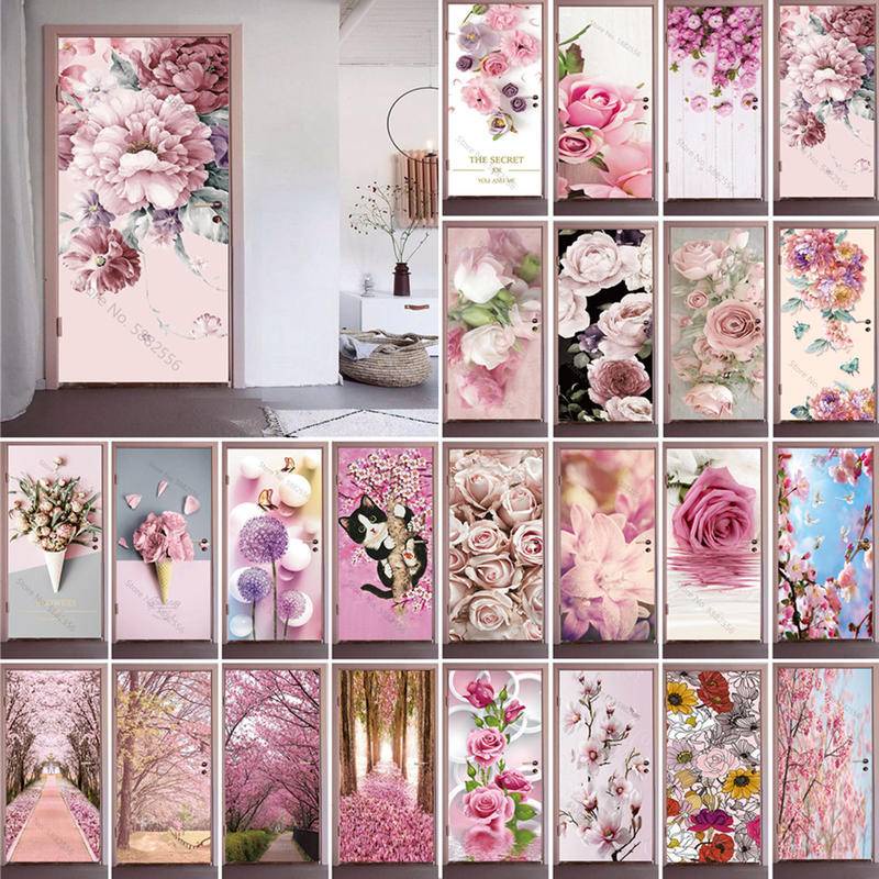 Custom Pink Flowers 3D Door Stickers Self Adhesive PVC Poster for Whole ...