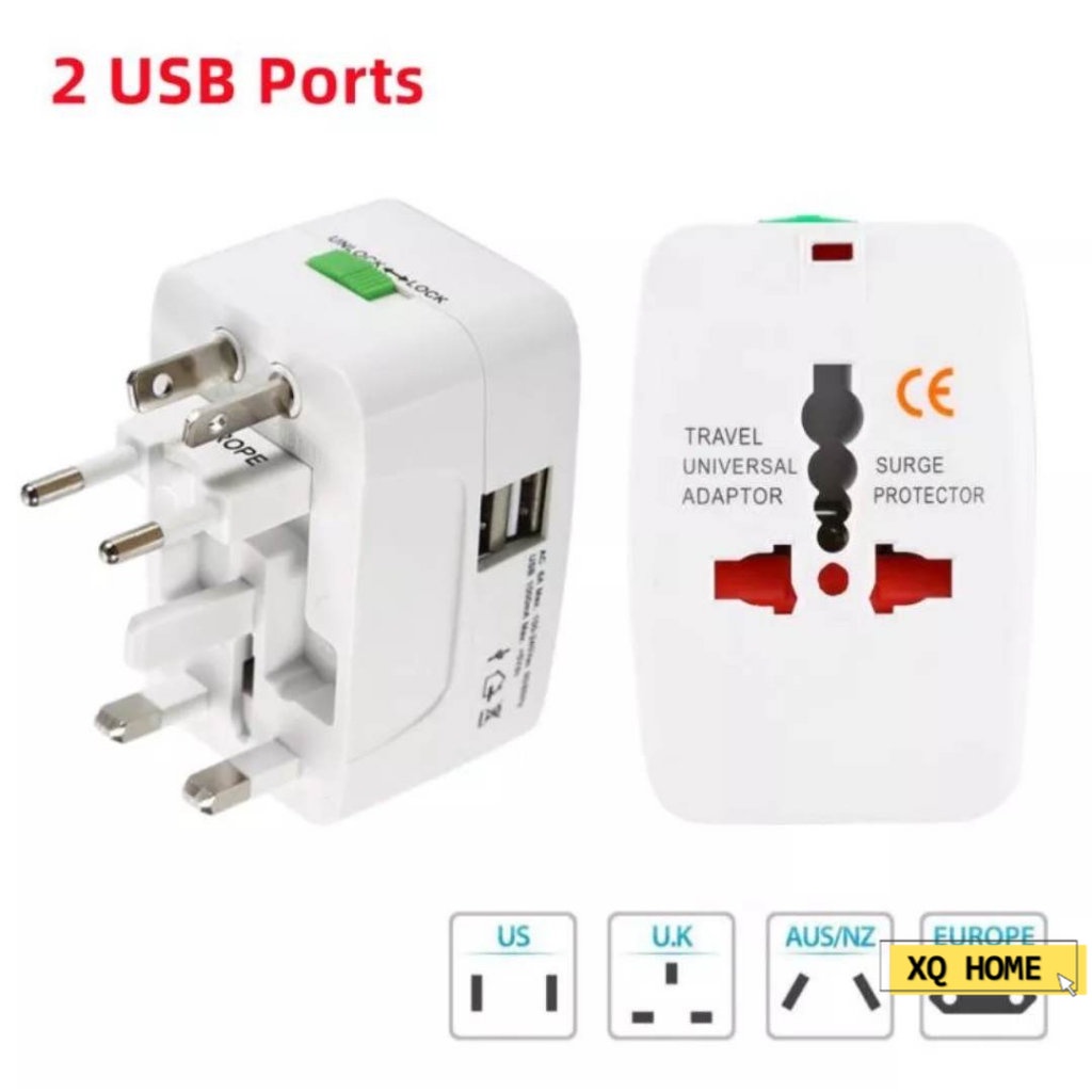All In One Universal International Plug Adapter 2 Usb Ports World Travel Ac Power Charger ...