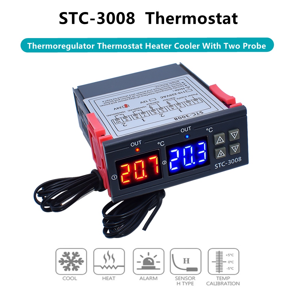 Dual Digital STC-3008 Temperature Controller Two Relay Output Thermostat Heater Probe 12V 24V ...