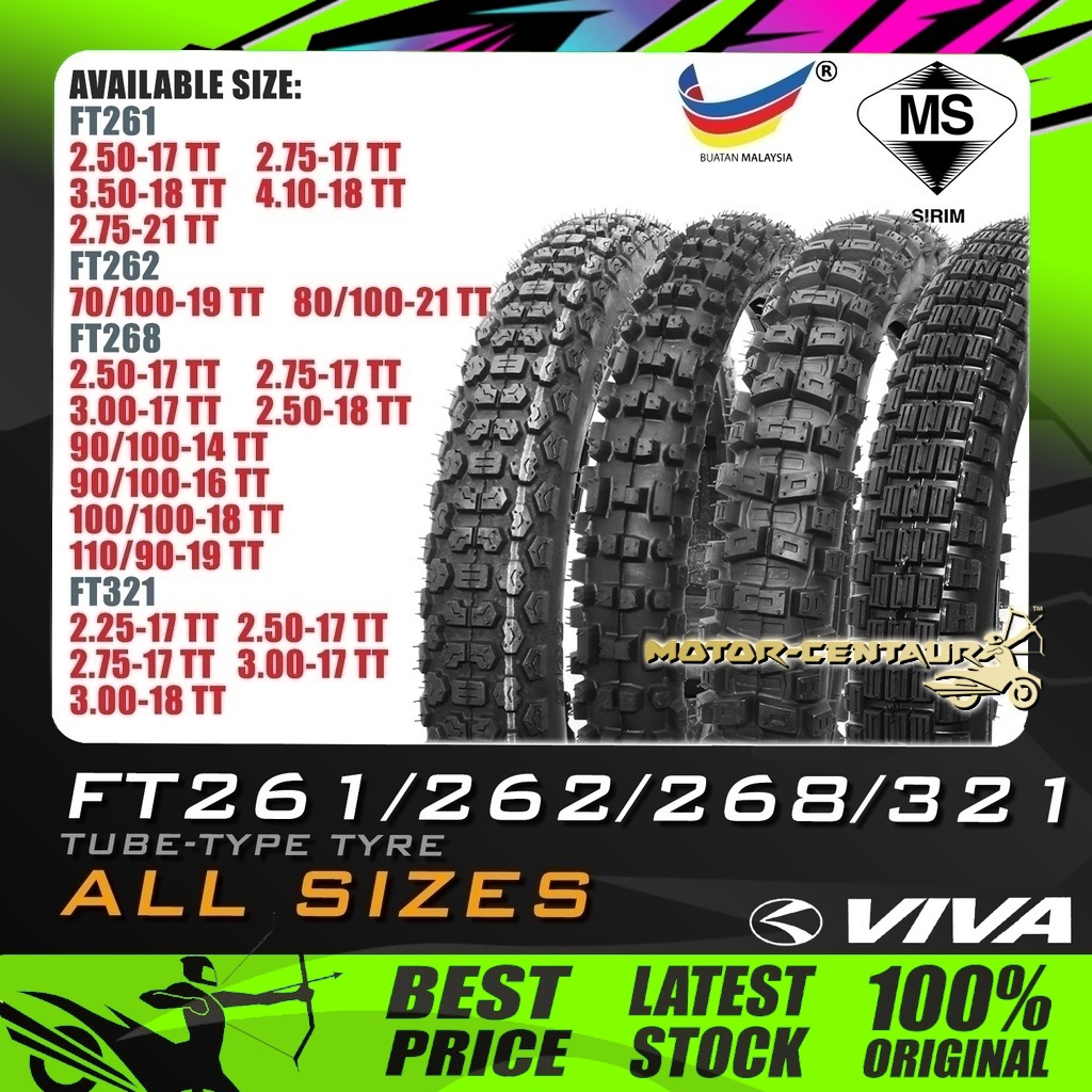 TAYAR MOTORSIKAL VIVA FT261,262,268,321 TYRE 225,250,275,300,350,410,70,80,90,100,110-14,16,17 ...