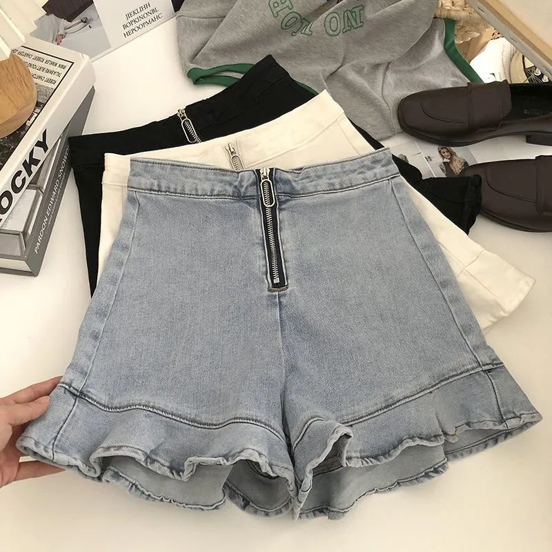 Spring and Summer A-line Design Ruffle Denim Shorts Zip High Waist Wide ...