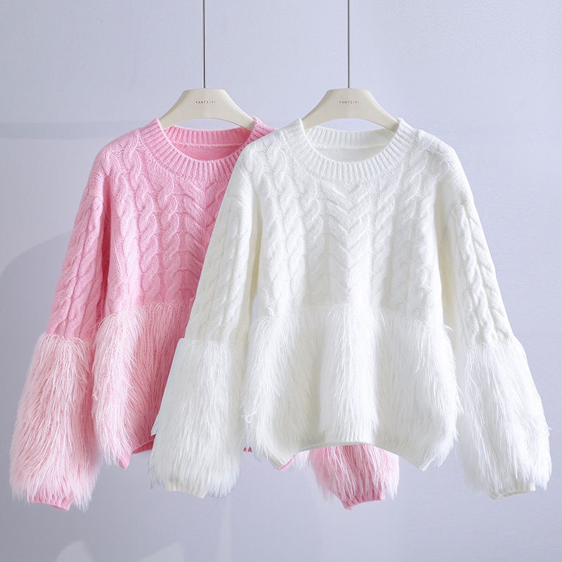 Sweet Pink Sweater Tops Women O-neck Fashion Knitting Ribbed Cropped ...
