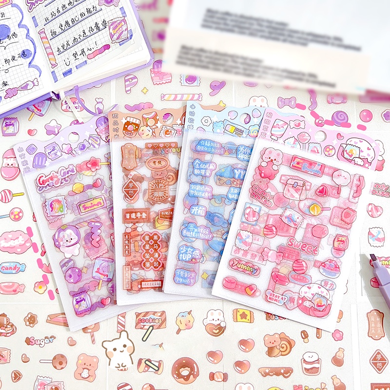 4 Sheets Cartoon Dessert Series Stickers Tearable Matte Fine Flash ...
