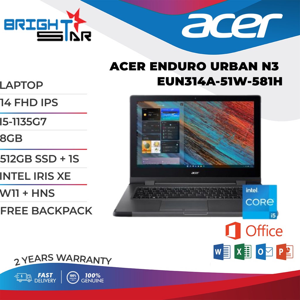 LAPTOP ACER ENDURO URBAN N3 EUN314A-51W-581H (14 FHD IPS / I5-1135G7 / 8GB / 512GB+1S / INTEL ...