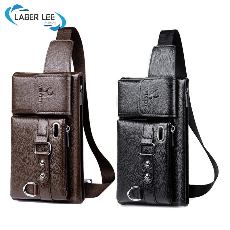 LABER LEE Men Waist Bag PU Leather Chest Bag Multi-Function With ...