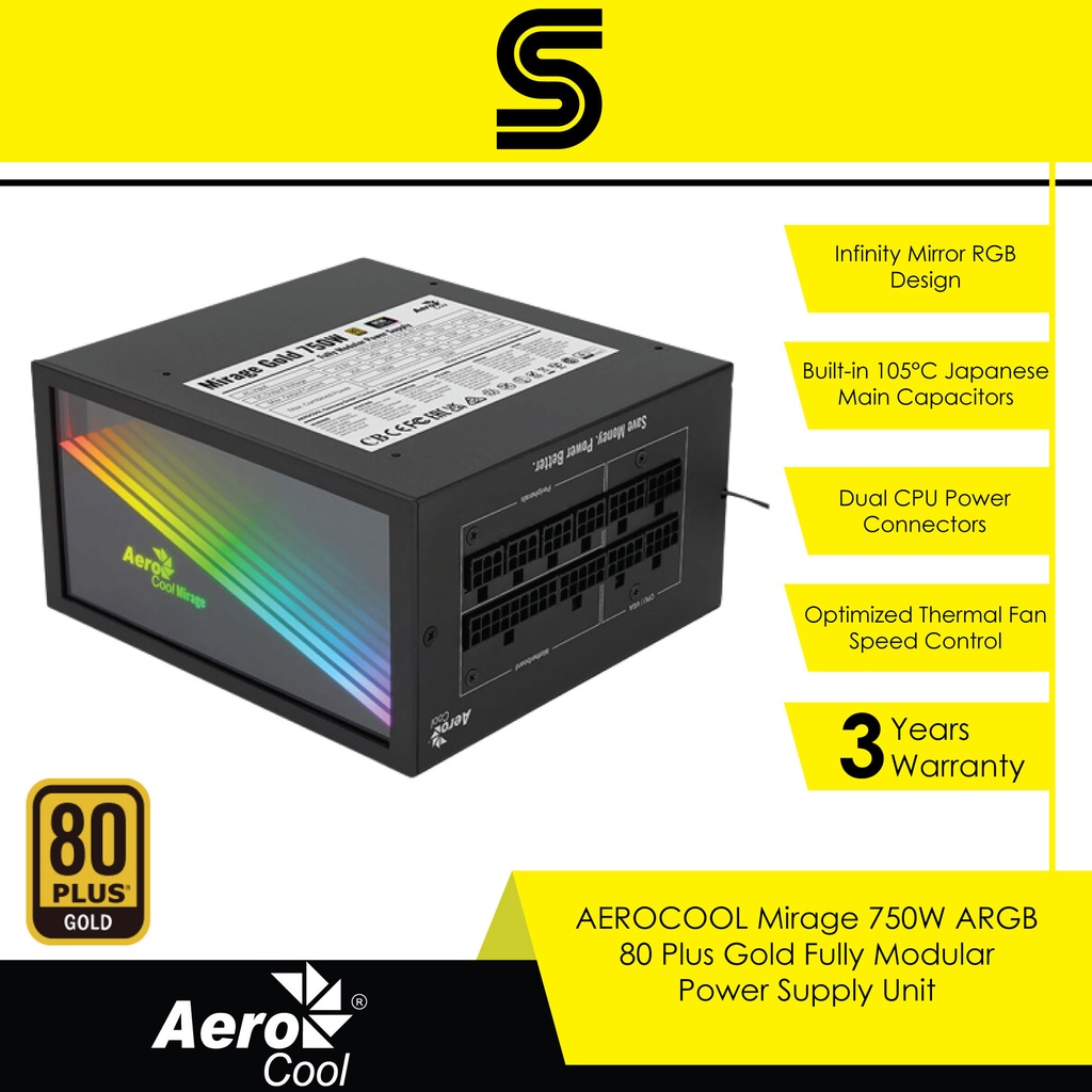 AEROCOOL Mirage 750W ARGB 80 Plus Gold Fully Modular Power Supply Unit ...