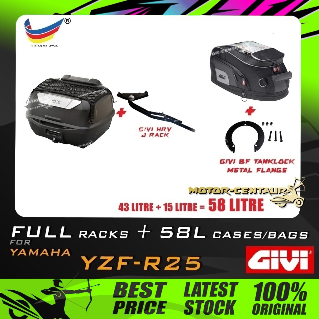 SET KOMBO KOTAK/BOX GIVI TOTAL 58 LITRE CASES FOR YAMAHA YZF R25 ...