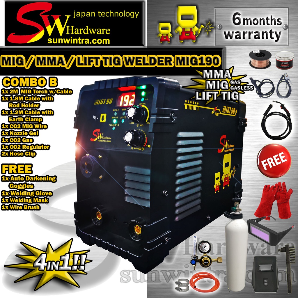 SW HARDWARE JAPAN TECHNOLOGY 4 IN 1 MIG190 MIG/TIG/MMA/WELDING 1KG Gas ...