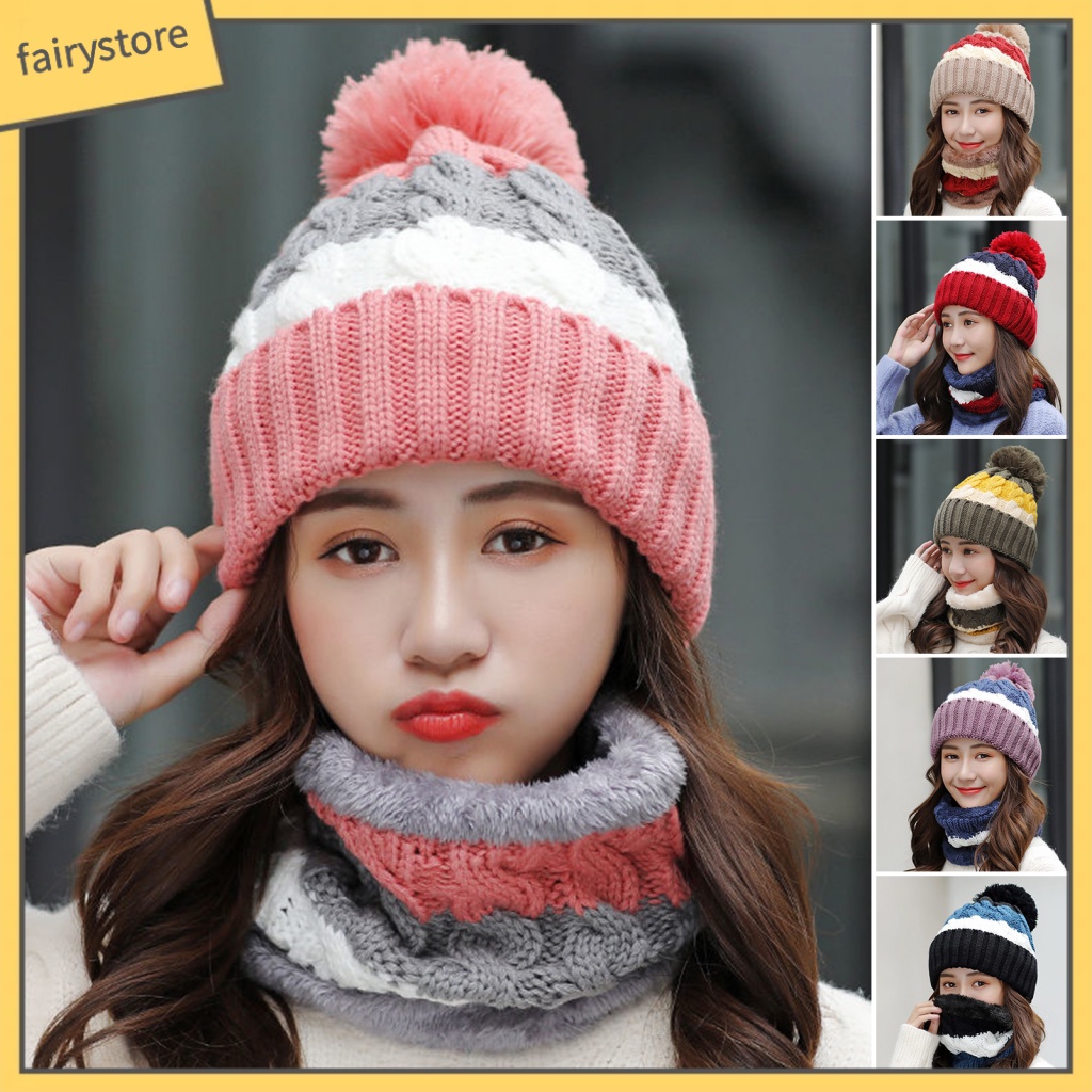 Fairystore| 2Pcs/Set Autumn Winter Women Beanies Hat Scarf Contrast ...