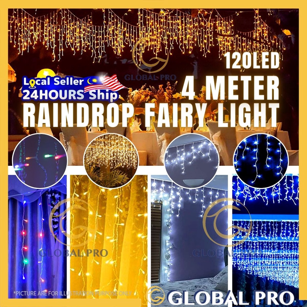 120LED 4M RAINDROP ICECLE 8 Mode Rain Lights Lampu Liplap Decoration ...