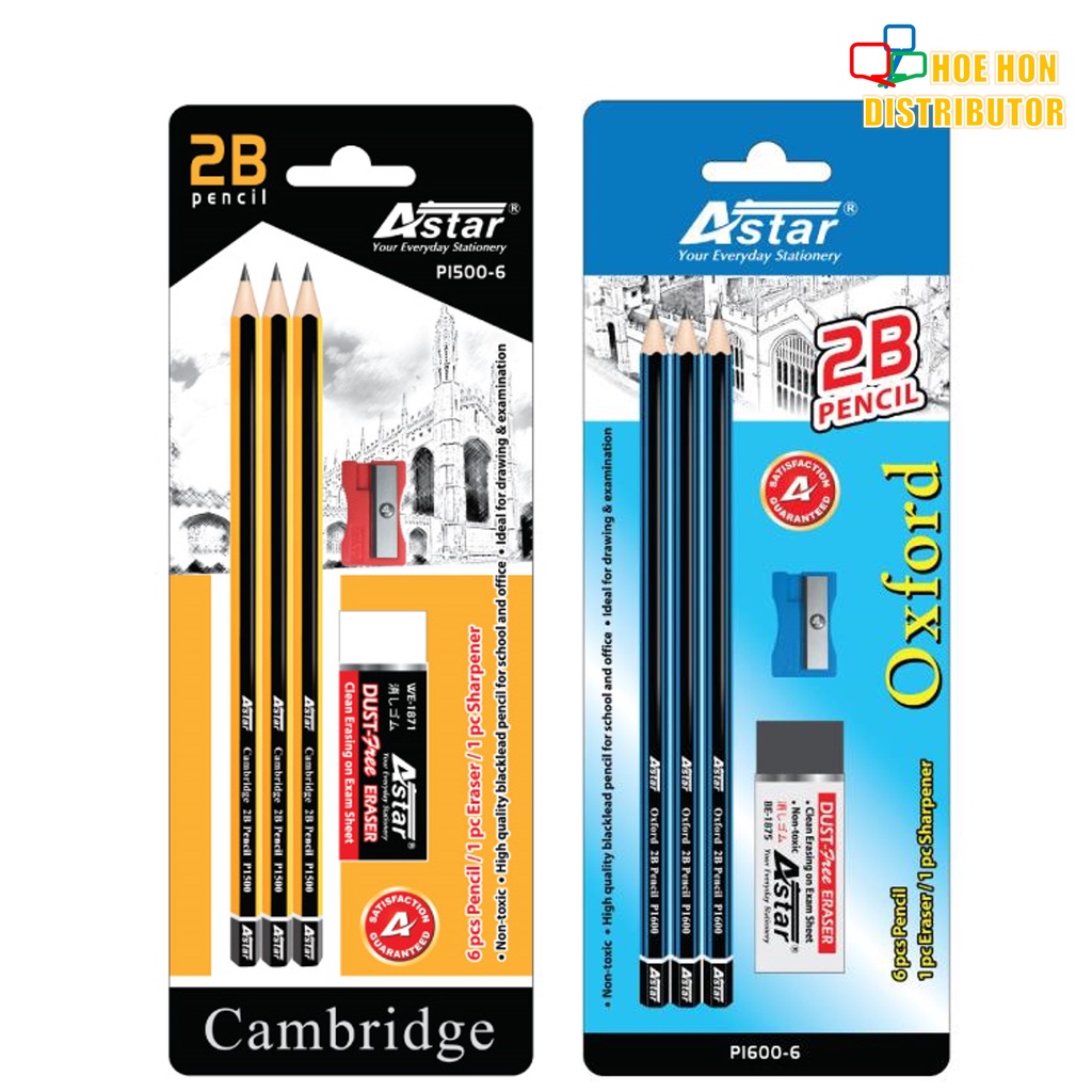 Astar Cambridge or Oxford Stationery Set 6 x 2B Pencil + Eraser ...