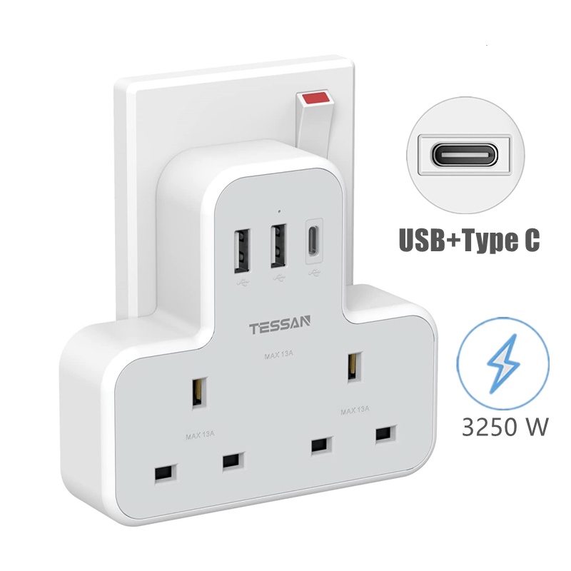 TESSAN Extension Plug Adapter with USB+Type C,5 IN 1 Multi Plug ...