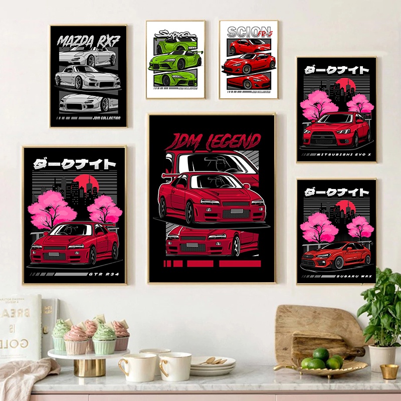 Retro jepun gaya lumba kereta sukan kanvas lukisan hiasan rumah Poster ...