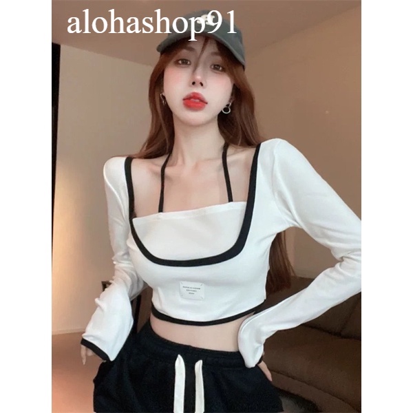 Long-sleeved crop top with camisole, super pretty sexy body-hugging fit ...