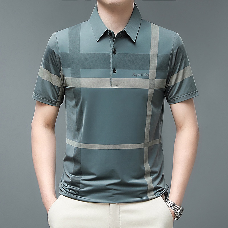 Polo Shirt Men Summer Casual Stripe Plaid Polo Tee Shirt Loose Thin ...
