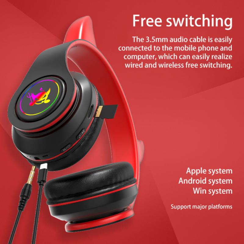 Devil Ear Wireless Headphones Gamer Girl Boy RGB Cute Cat Ears Headset ...