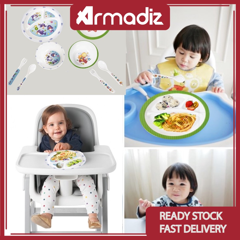 AMZ 4-PCS-SET Baby Tableware Set Spoon Fork Plate Bowl Infant Eating ...