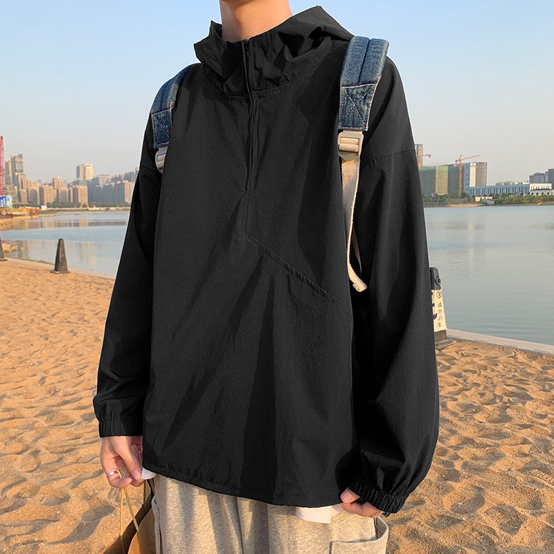 Windbreaker Spring Autumn Pullover Jacket Men Stand Collar Half Zipper ...