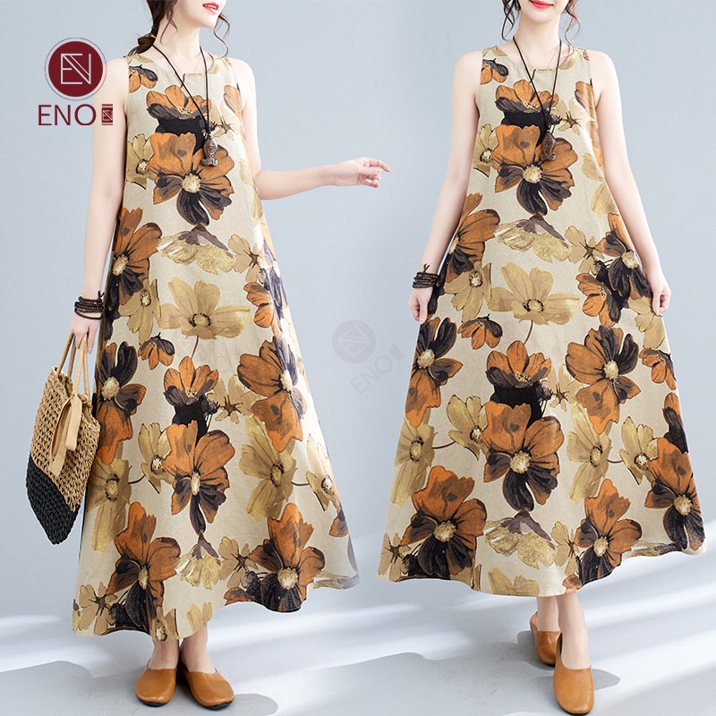 ENO Summer New Loose Cotton Hemp Print Pattern Round Neck Less Dress ...