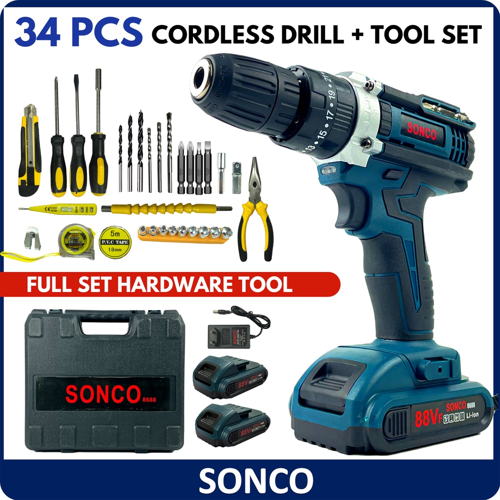 SONCO 34PCS SET 88VF CORDLESS IMPACT DRILL MACHINE TOOL ACCESSORIES 2 ...