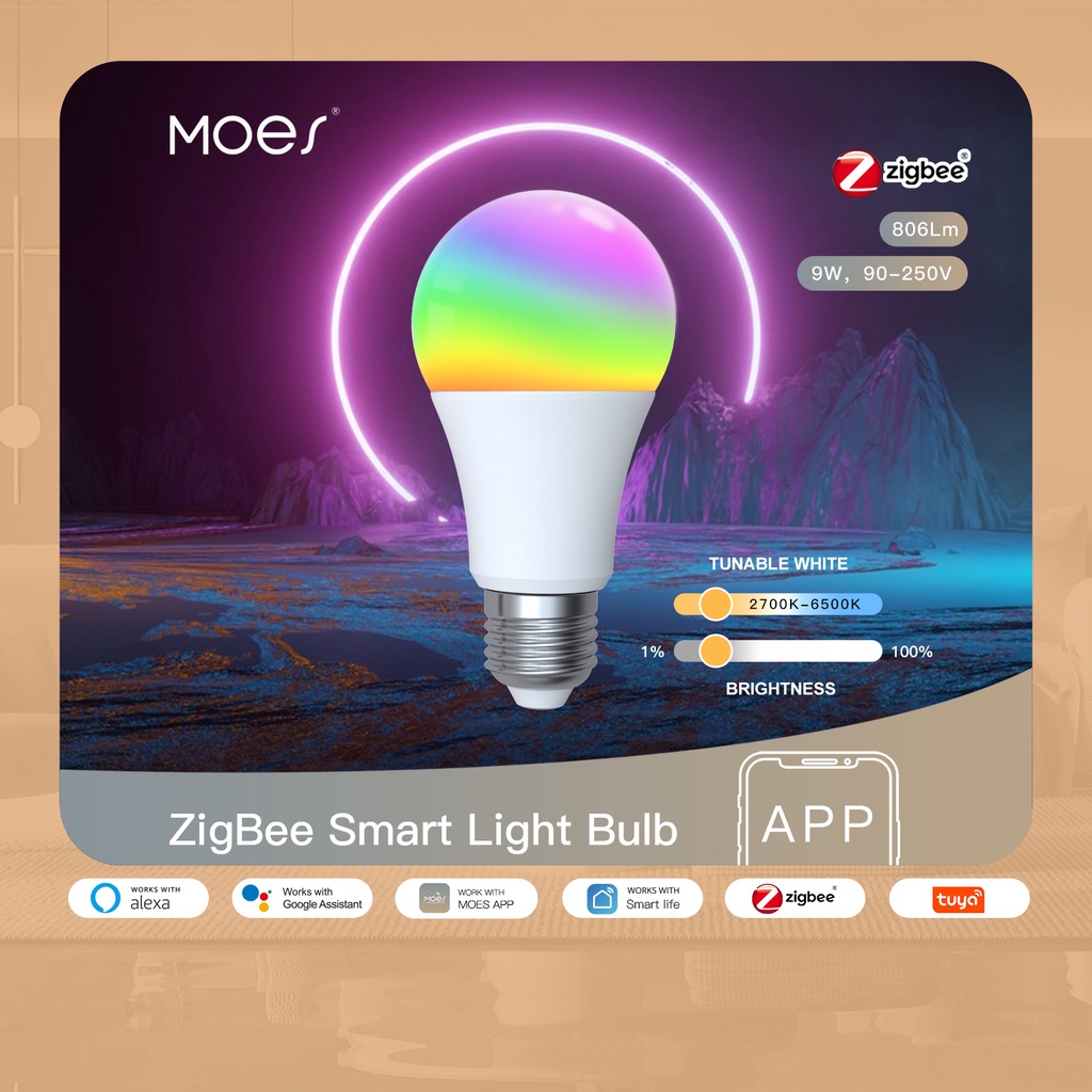 MOES 9W AC90-240V Tuya ZigBee Smart LED Light Bulb RGB E27 Dimmable APP Remote Control Alexa ...
