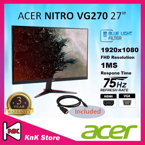 Acer Nitro VG270 / VG270Y 27" IPS 1920 x 1080 1Ms 75Hz FHD AMD Freesync ...