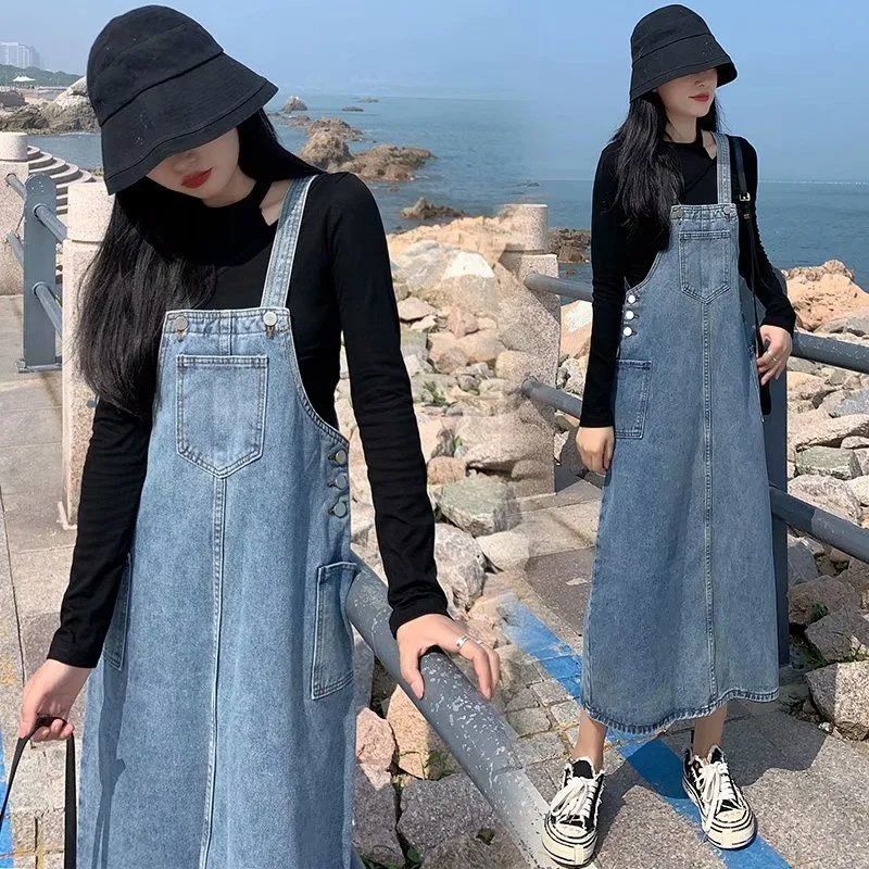 Women's Overalls Denim Medium Length Student Korean Loose Plus Size ...