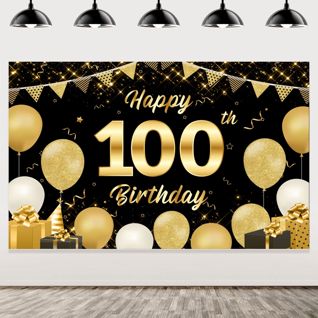 FANGLELAND Happy 100th Birthday Decorations Banner, Black Gold Happy ...