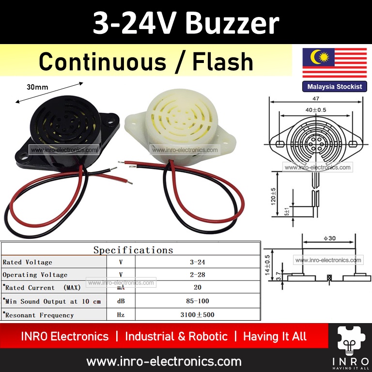 3-24VDC Buzzer Pembunyi Isyarat 40mm Projek Sekolah School Project ...