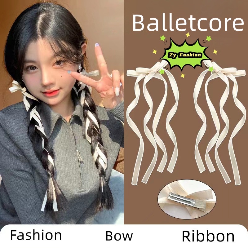 Balletcore Long Ribbon Bow Hair Clip for Women Korean Style Ins Sweet ...