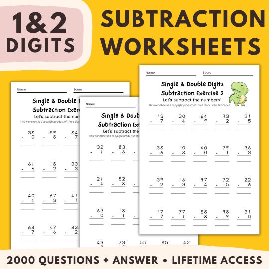 [2000 Questions] Single & Double Digits Subtraction Worksheets With ...