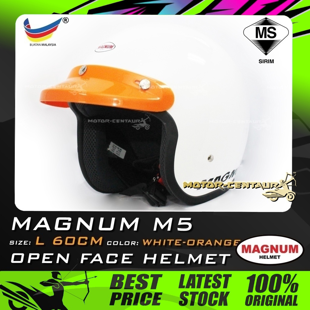 TOPI KELEDAR MAGNUM M5 HELMET WHITE + SGV ORANGE CAP SIZE: L 60CM ...